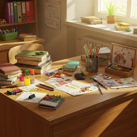 A Sunlit Classroom Desk Cluttered With Art Supplies And Books Various