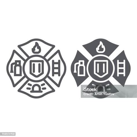 파이어 엠 블 렘 라인과 문양 아이콘 기호 및 소방 관 화재 배지 기호 벡터 그래픽 흰색 바탕에 선형 패턴 소방관에 대한 스톡