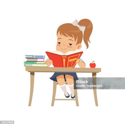귀여운 여 자가 책상에 앉아 읽기 책 초등 학생 흰색 배경에 일정 한 벡터 일러스트 레이 션에 교육에 대한 스톡 벡터 아트 및