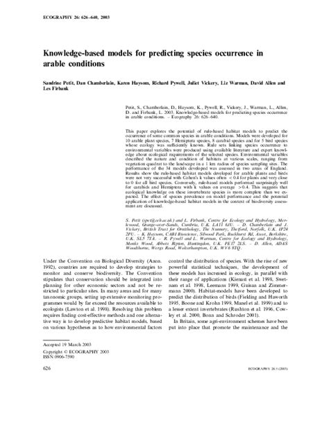 Pdf Knowledge Based Models For Predicting Species Occurrence In Arable Conditions