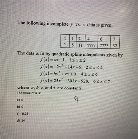 Solved The Following Incomplete Y Vs A Data Is Given X 12