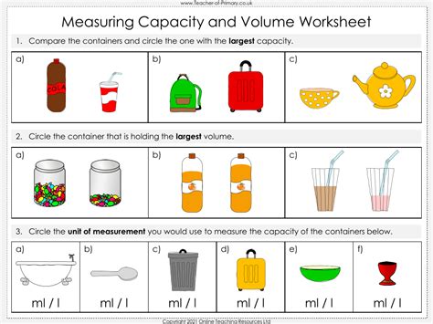 Measuring Capacity And Volume Worksheet Math 1st Grade Worksheets