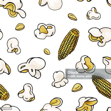 팝콘 옥수수와 함께 완벽 한 패턴입니다 스케치 스타일에 흰색 바탕에 화려한 벡터 일러스트 배경 주제에 대한 스톡 벡터 아트 및 기타 이미지 Istock