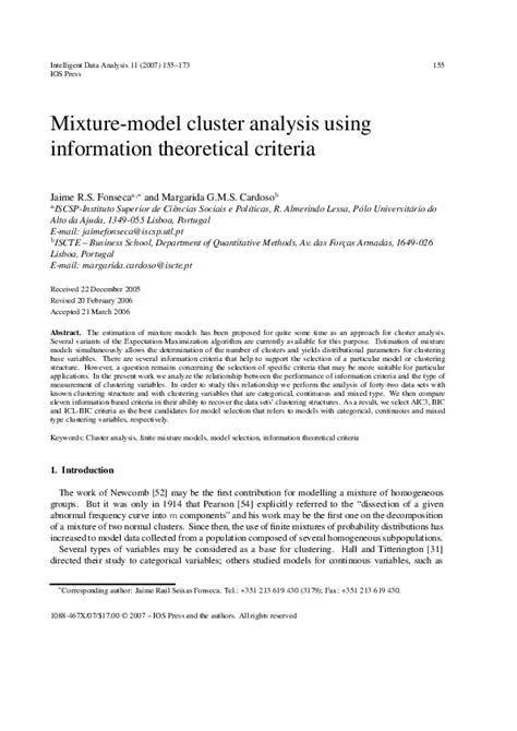 Pdf Mixture Model Cluster Analysis Using Information Theoretical Criteria
