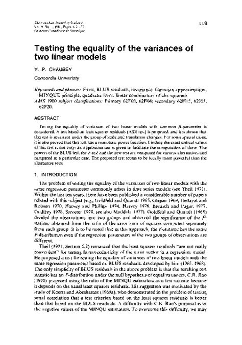 Pdf Testing The Equality Of The Variances Of Two Linear Models
