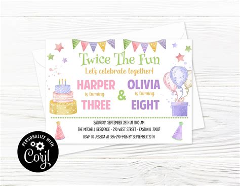 Instant Download Joint Birthday Party Invitation Sisters Sibling