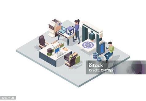 엔지니어 3d 프린팅 3d 부품을 만드는 스마트 기술을 사용하여 설계된 사람들은 3d 부품을 작업자와 결합한 벡터 등대 측정