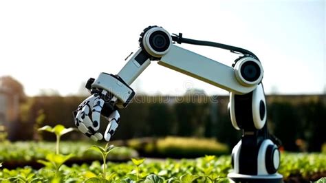Robotic Arm Tending To Plants In A Field Agricultural Automation Stock