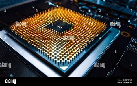 Macro Close Up Shot Of CPU Processor Socket Printed Circuit Board Computer Motherboard With