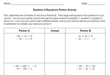 Systems Of Equations Partner Activity By Alaura Bailey TPT
