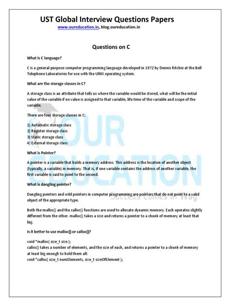 Ust Global Interview Questions On C Pdf