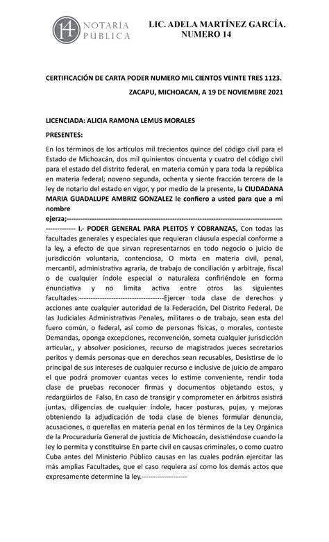 Documento Del Poder Notarial Ejemplo 1 Numero 14 CertificaciÓn De