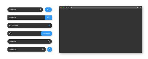 다양한 검색 창 템플릿 어두운 모드가있는 빈 인터넷 브라우저 창 검색 상자 주소 표시줄 및 텍스트 필드가 있는 웹 사이트 엔진입니다 Ui 디자인 웹 사이트 인터페이스 요소