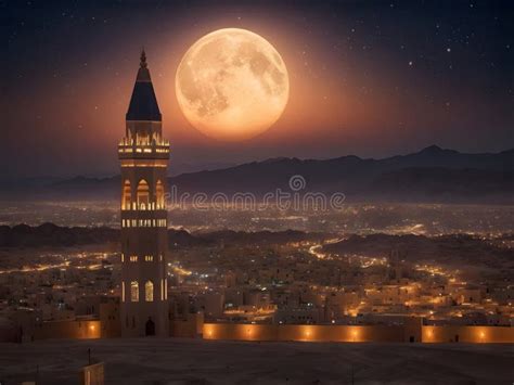 Magical Arabian Cityscape Silhouette With Glowing Tower At Sunset