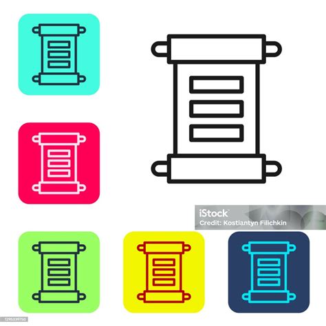 검은 줄 법령 종이 양피지 흰색 배경에 격리 된 스크롤 아이콘 아이콘 색상 정사각형 단추로 아이콘을 설정합니다 벡터 검은색에 대한 스톡 벡터 아트 및 기타 이미지 Istock