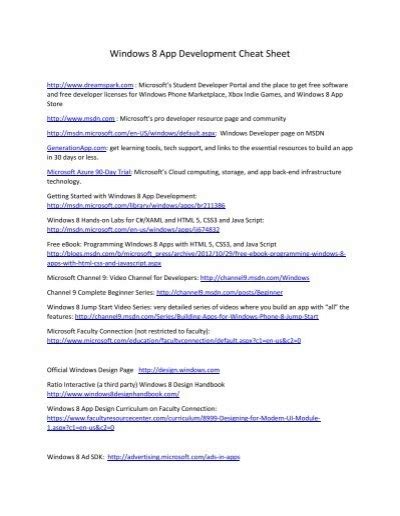 Windows 8 App Development Cheat Sheet Mis Laboratory