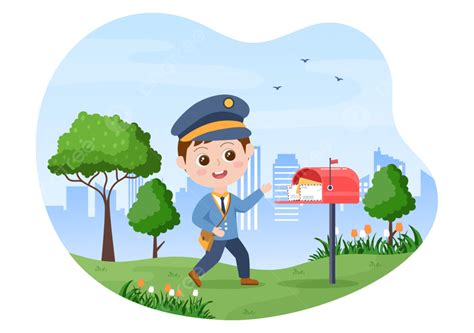 Postman Cartoon Vector Illustration Wearing A Uniform Carrying A
