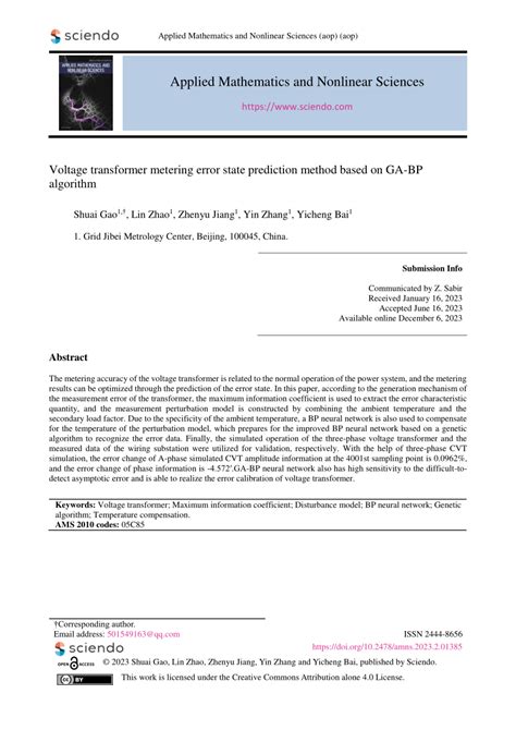 Pdf Voltage Transformer Metering Error State Prediction Method Based