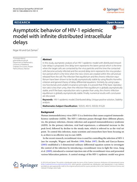 Pdf Asymptotic Behavior Of Hiv 1 Epidemic Model With Infinite Distributed Intracellular Delays