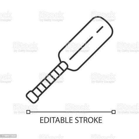 크리켓 박쥐 선형 아이콘입니다 타자를위한 장비 긴 손잡이가있는 나무 플랫 블록 국제 스포츠 가는 선 그림입니다 등고선 기호입니다 벡터 절연 윤곽선 도면 편집 가능한 스트로크