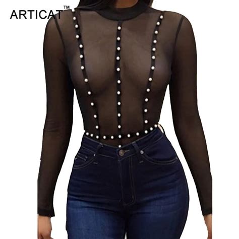 Articat Sexy Mesh Bodysuit Women Black Elegant Long Sleeve See Through