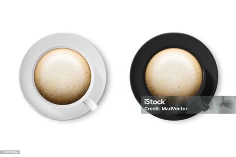 현실적인 벡터 3d 광택 빈 흰색과 검은 색 커피 컵 이나 찻잔 아이콘 흰색 배경에 고립 된 카푸치노 근접 촬영으로 설정 합니다 커피 머그잔 또는 컵의 디자인 서식 파일