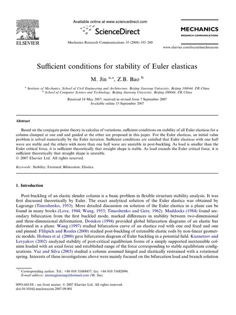 Sufficient Conditions For Stability Of Euler Elasticas Pdf Calculus