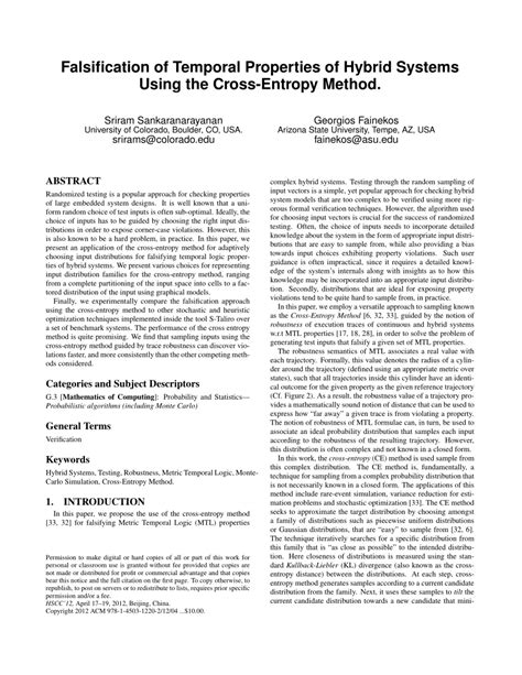 PDF Falsification Of Temporal Properties Of Hybrid Systems Using The Cross Entropy Method