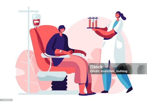 여자는 혈액을 기부 생명을 가진 시험 튜브를 들고 간호사 캐릭터 의료의 자에 앉아 여성 기증자 건강 관리 자선 수혈 기증 연구소 만화 평면 벡터 일러스트 손에 대한 스톡