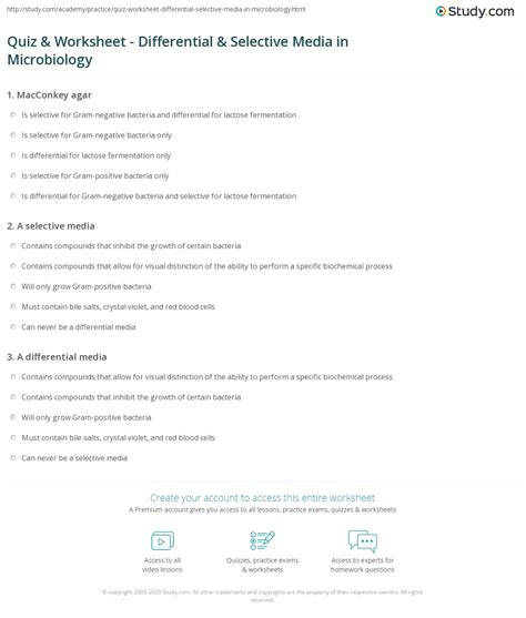 Quiz And Worksheet Differential And Selective Media In Microbiology