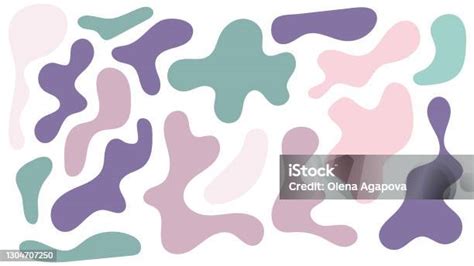 불규칙한 방울 추상적인 유기 모양 세트 분홍색과 녹색 불규칙한 랜덤 방울 간단한 액체 무정형 스포지 프리젠 테이션 배너 포스터 및 전단지를위한 트렌디 한 최소한의 디자인