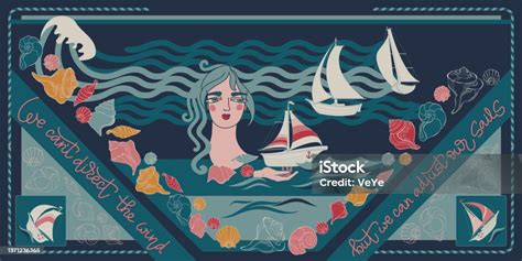 범선 소녀 조개 껍질 과 필기 문자 벡터 스카프 패턴 디자인 가리기에 대한 스톡 벡터 아트 및 기타 이미지 가리기 관광 그래픽 프린트 Istock