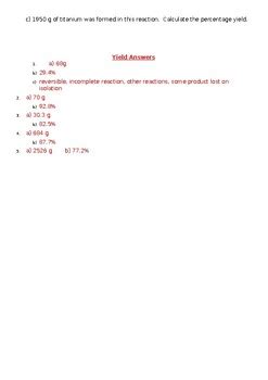 Percentage Yield Quantitative Chemistry Questions Worksheet Activity Science