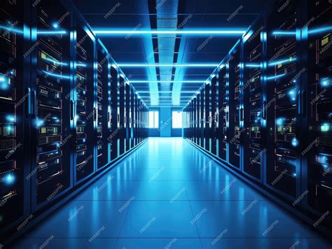Premium Photo Modern Data Center Server Room With Blue Lighting