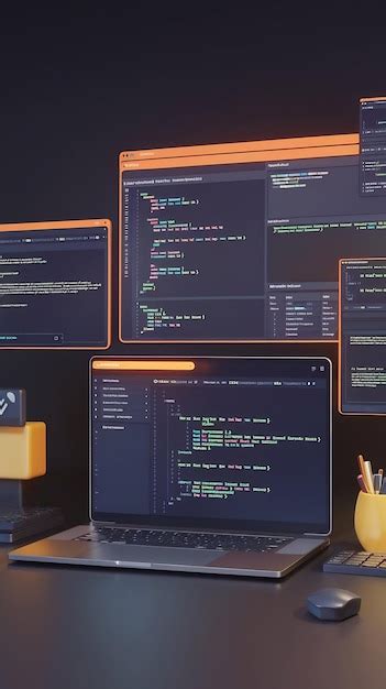 3d Render Software Backend Mock Up With Different Windows With Code