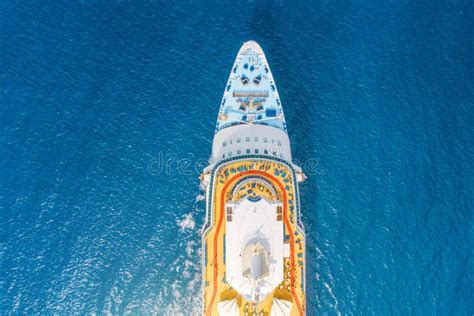 Close Up Aerial Top View Nose Of The Cruise Ship In The Turquoise Sea