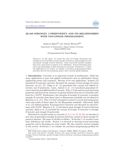 Pdf Quasi Strongly E Preinvexity And Its Relationships With Nonlinear Programming