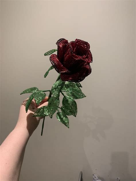 Red Rose Bead Craft Dark Queen French Beaded Flower Beaded Rose