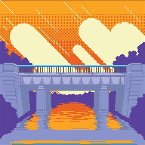 강 위의 다리의 픽셀 아트 그림 프리미엄 벡터