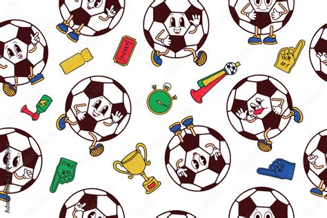 Seamless Pattern Of Cute Funny Happy Soccer Ball Characters And Football And Fans Attributes