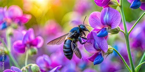 Violet Carpenter Bee Gathering Pollen And Nectar From Sweet Pea Flowers