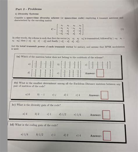 Solved 1 Diversity Systems Consider A Space Time Diversity