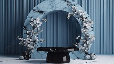 화장품이나 기타 제품 3d 렌더에 적합한 고급스러운 파란색 파스텔 배경에 추상 꽃 장식과 둥근 아치가 있는 검은색 대리석 연단