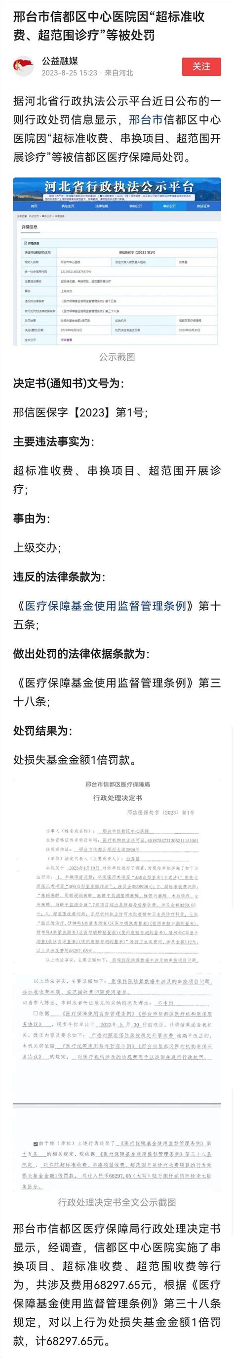 邢台123：信都区中心医院因“超标准收费、超范围诊疗”等被处罚