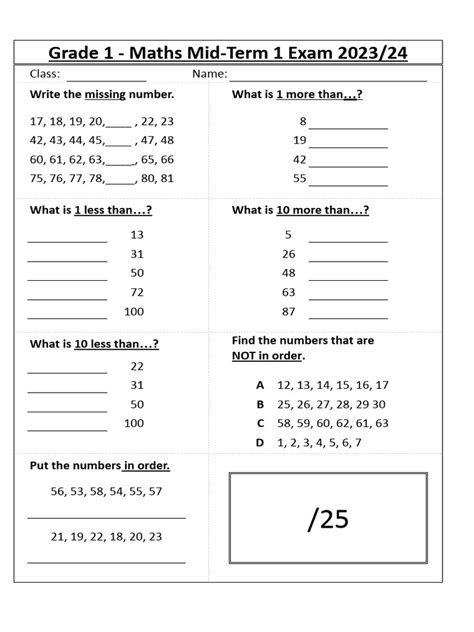 Grade 1 Maths Mid Term 1 Exam Xlsx Sheet1 Pdf