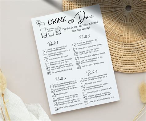 Drink Or Dare Printable Birthday Party Game Drinking Party Game Adult