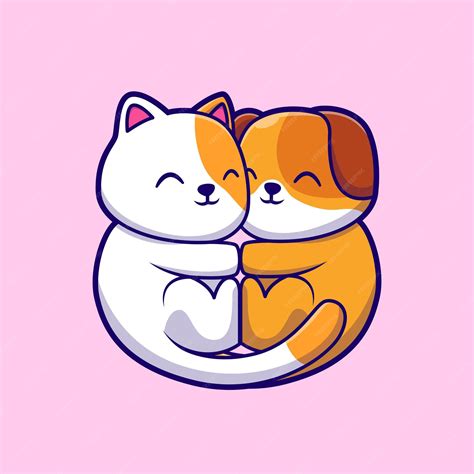 Premium Vector Cute Cat Hug Dog Couple Cartoon Vector Icon