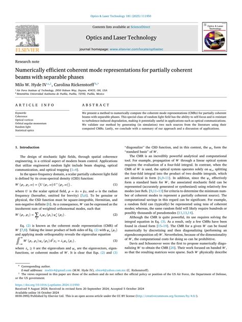 Pdf Numerically Efficient Coherent Mode Representations For Partially Coherent Beams With