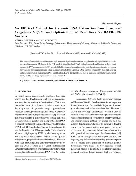 Pdf An Efficient Method For Genomic Dna Extraction From Leaves Of Anogeissus Latifolia And