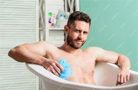 Premium Photo Hygiene Concept Man Muscular Torso Sit In Bathtub Skin